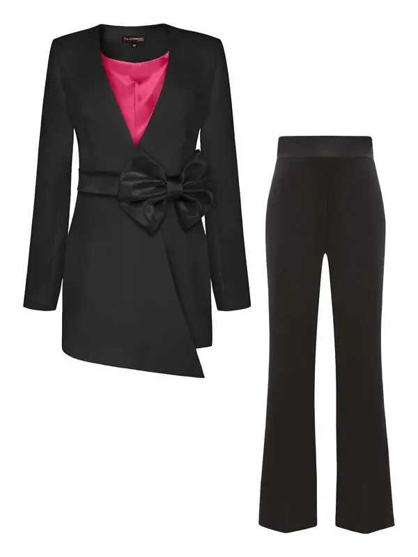 TIA DORRAINE Pearl Power Suit With Bow Belt - Black