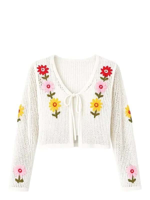 YUMI Crochet Knit Embroidered Bolero - White