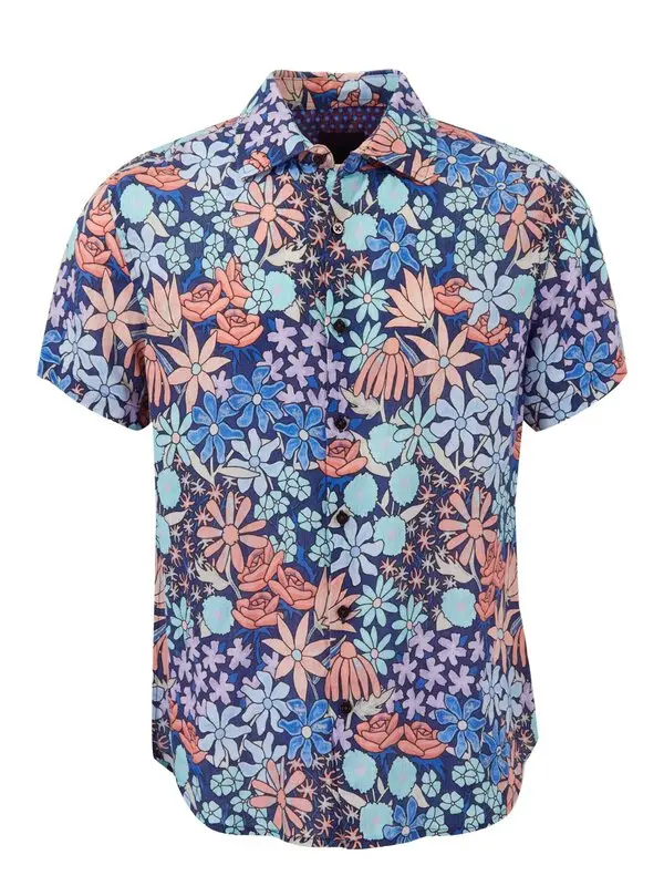 LORDS OF HARLECH Landon Rough Floral Linen Shirt Navy - Blue