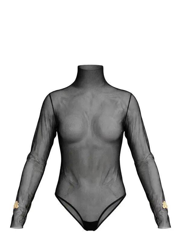 L2R THE LABEL Embellished Mesh Turtleneck Bodysuit - Black