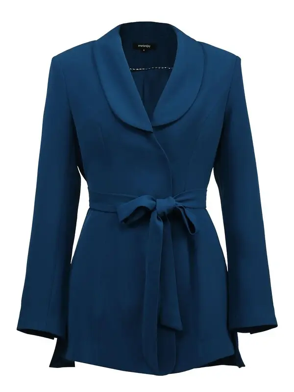 SMART AND JOY Long Tailor Knot Waist Blazer - Blue