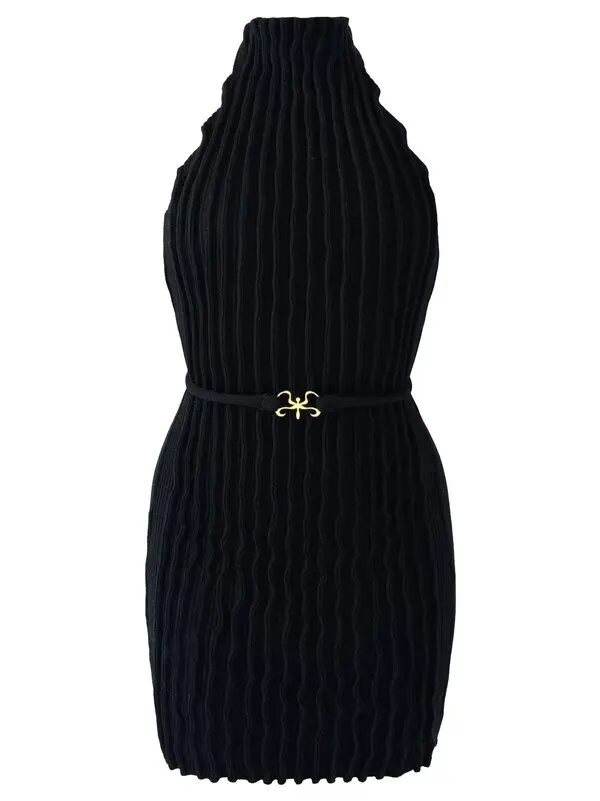 KARGEDE Ribbed Knit Mini Dress With High Neck - Black
