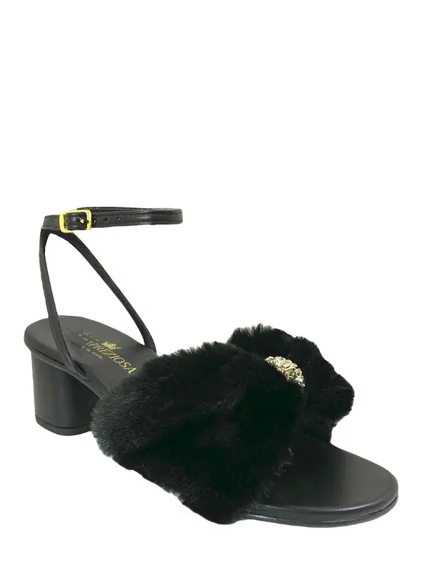 DAMAPREZIOSA Camilla Faux Fur Sandals With Crystals - Black