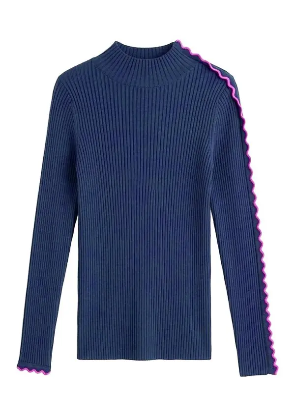 ARTO. Two Tone Ribbed Mock Neck Top - Blue
