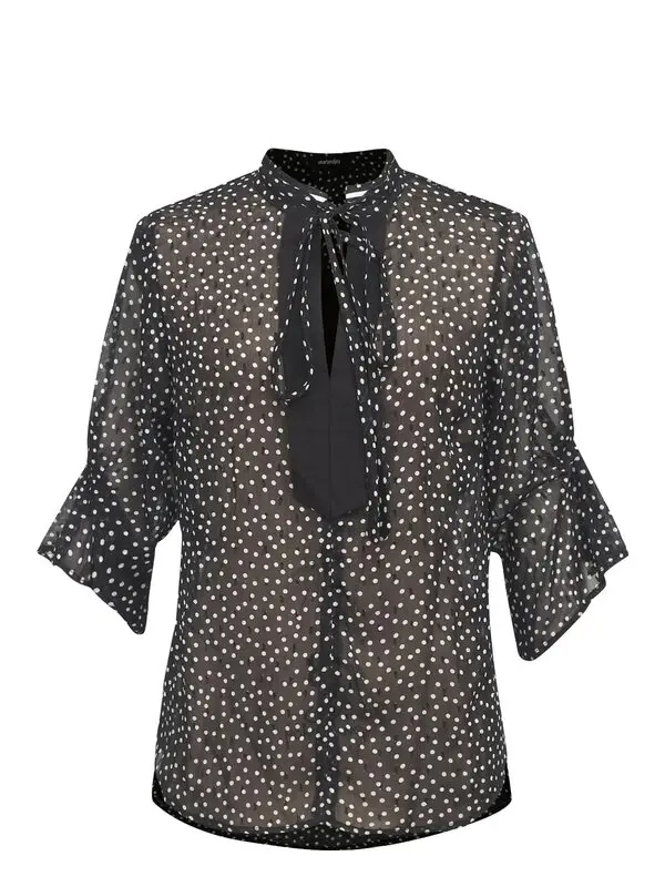 SMART AND JOY Polka Dots Tulip Sleeves Chiffon Blouse - Black