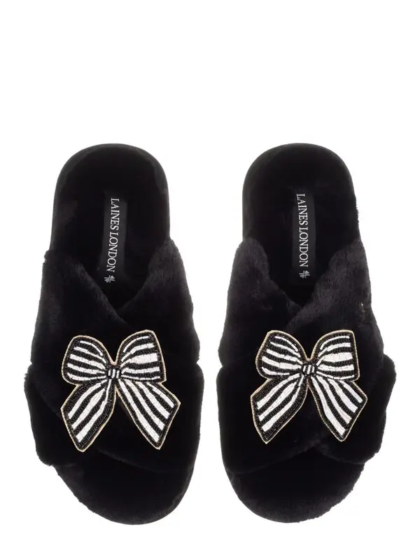 LAINES LONDON Classic Slippers With Bow Brooches - Black