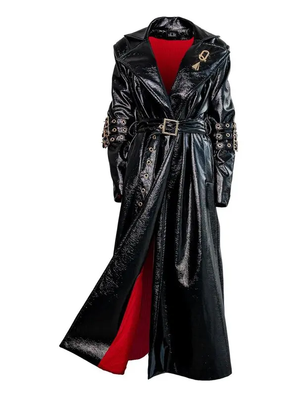 VAZAF Sculptural Patent Trench Coat - Black/red