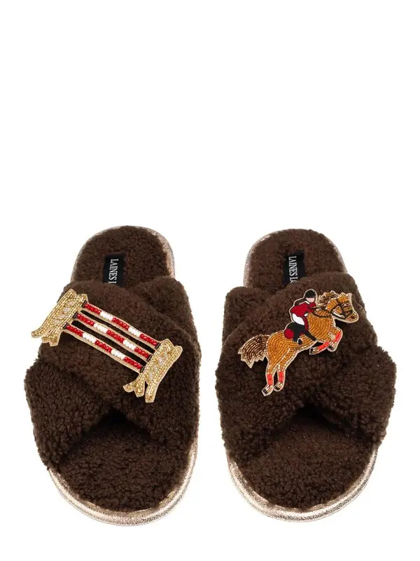 LAINES LONDON Boucle Slippers With Show Jumper Brooches - Brown