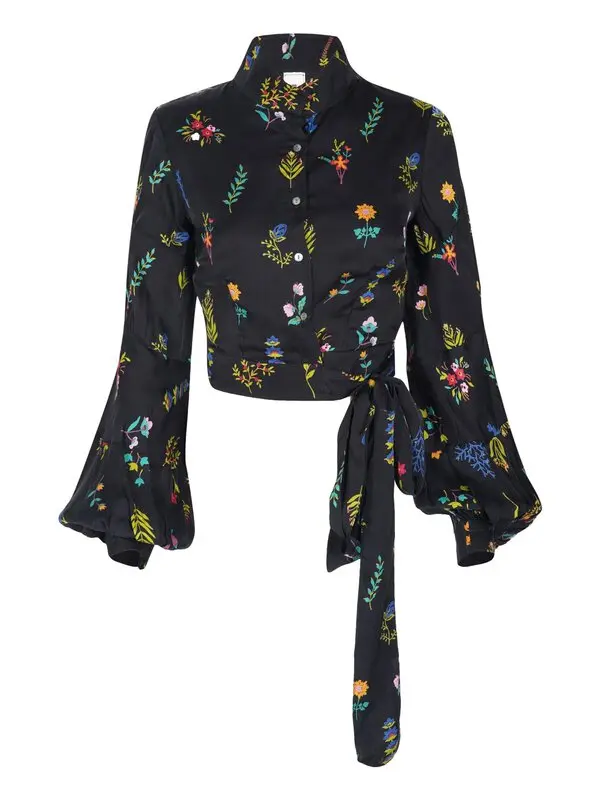 EM & SHI Midnight Botanica Tie-up Blouse - Black