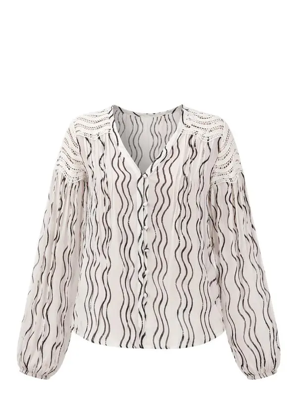 ROSE & NANCY Corinne Waves Print Blouse With Lace Trim - White