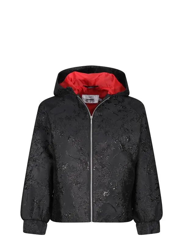 LIONESS BY TF Embossed Floral Brocade Zip Up Hoodie Jacket - Black