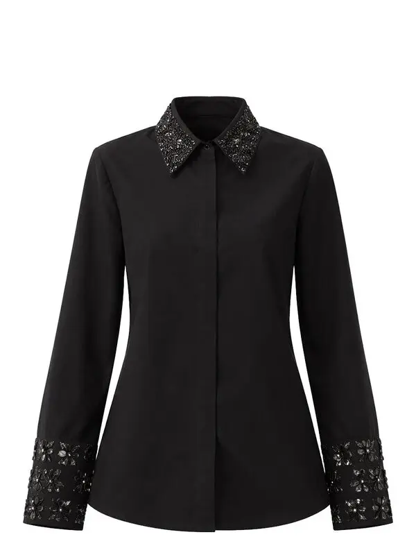 EXQUISE Cotton Billy Shirt With Embroidered Sleeves - Black