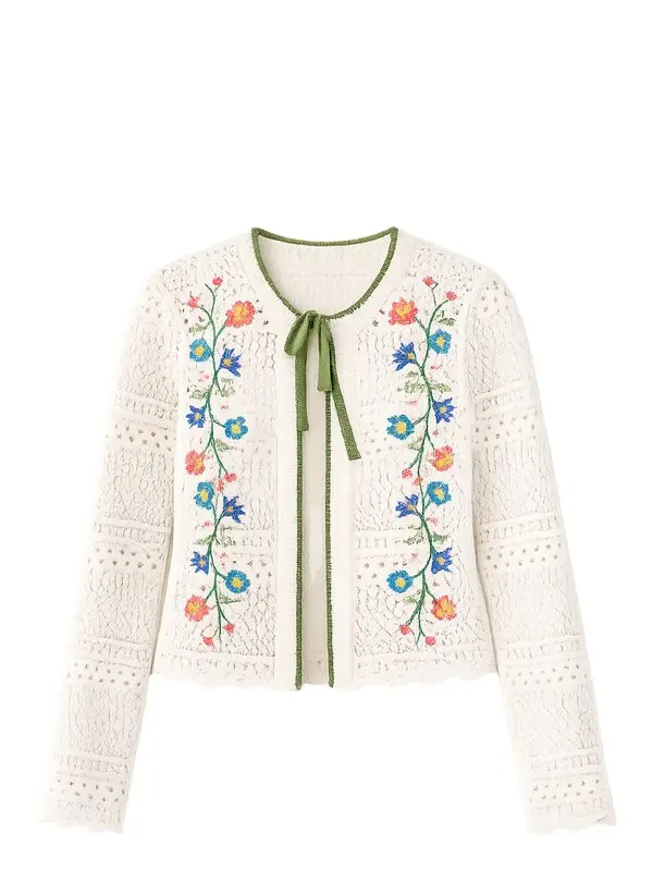 YUMI Crochet Knitted Tie-front Cardigan With Floral Embroidery - White