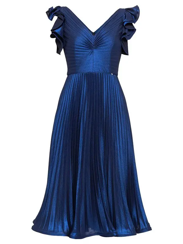 NISSA Pleated V-neck Midi Dress - Blue
