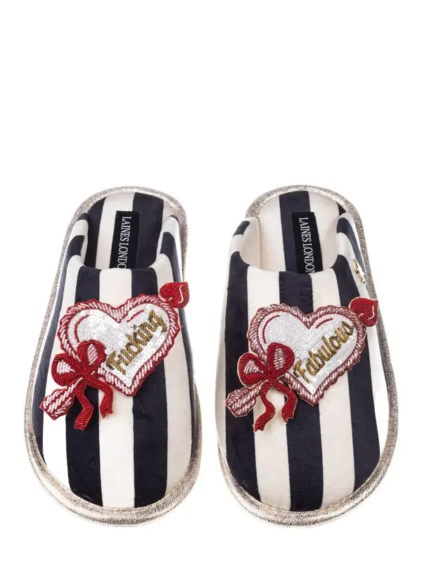 LAINES LONDON Flatform Stripe Slippers With Heart Brooches - Black/white