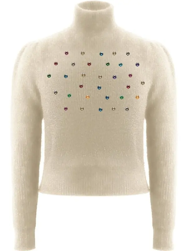 ROCH PEREL Embellished Faux Fur Knit Turtleneck Sweater - White