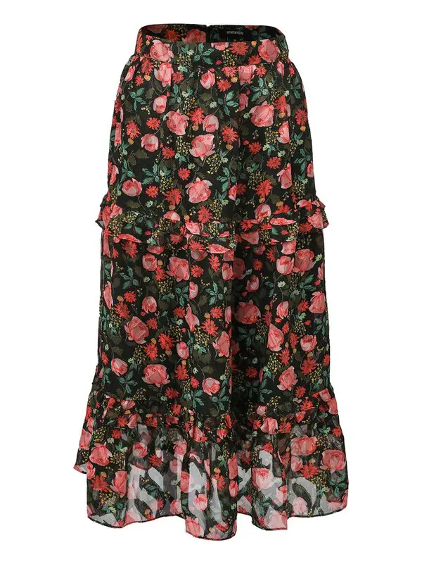 SMART AND JOY Floral Print Tiered Ruffle Midi Skirt - Black