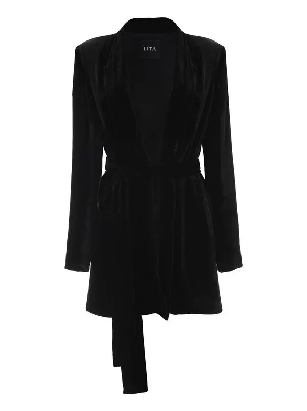 LITA COUTURE Silk Velvet Belted Blazer - Black