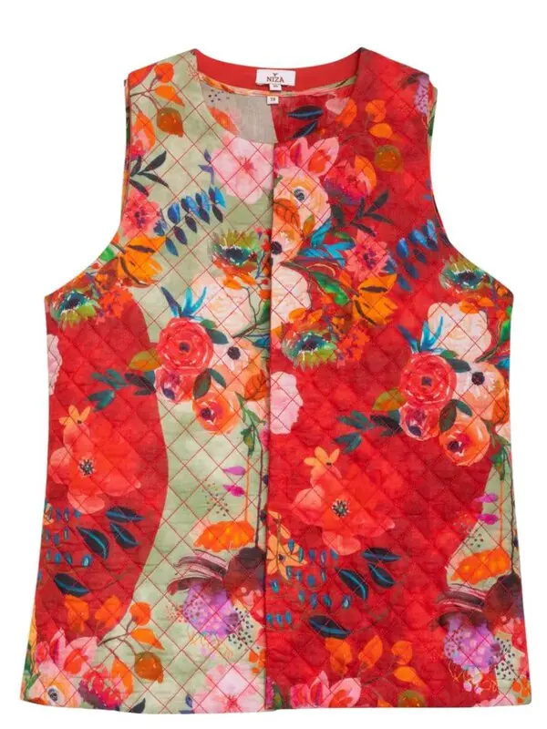 NIZA Quilted Floral Print Sleeveless Vest - Red