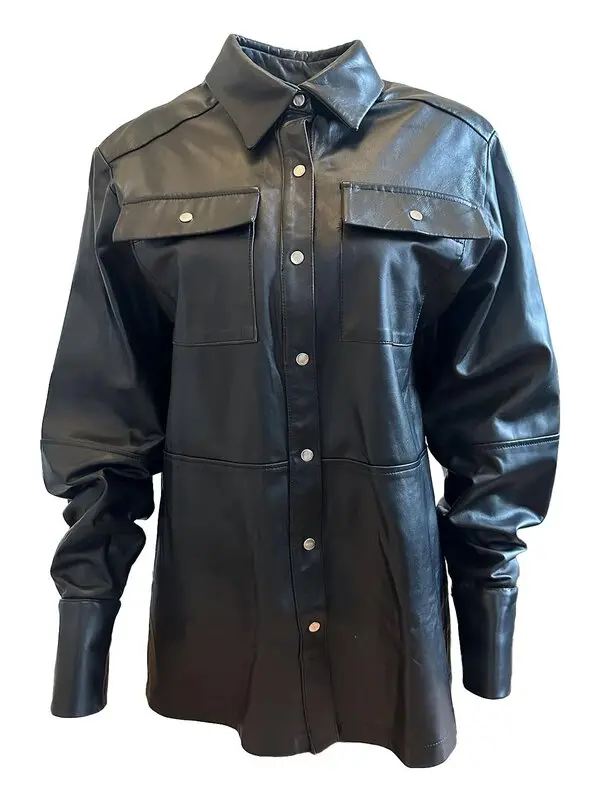 GALLERIADELE Lamb Leather Oversized Shirt - Black