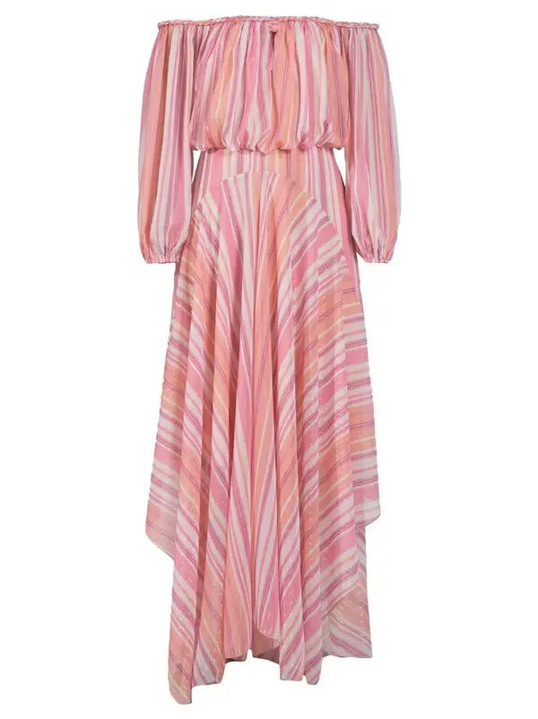 ROSE & NANCY Metallic Stripe Asymmetric Maxi Dress - Orange/pink