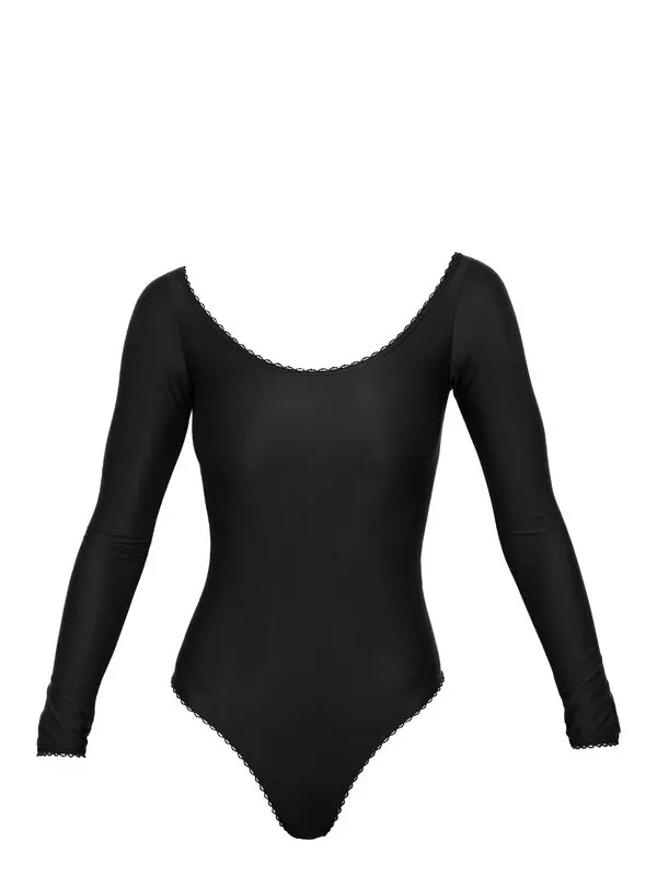 NO COMMENT Long Sleeve Shaping Bodysuit With Picot Trim - Black