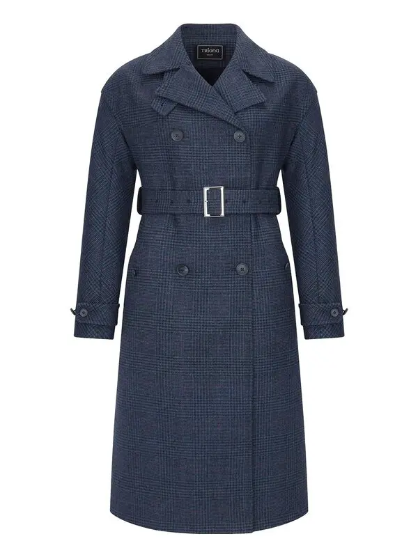 TRIONA Prince Of Wales Check Faye Double Breasted Mac Coat - Blue