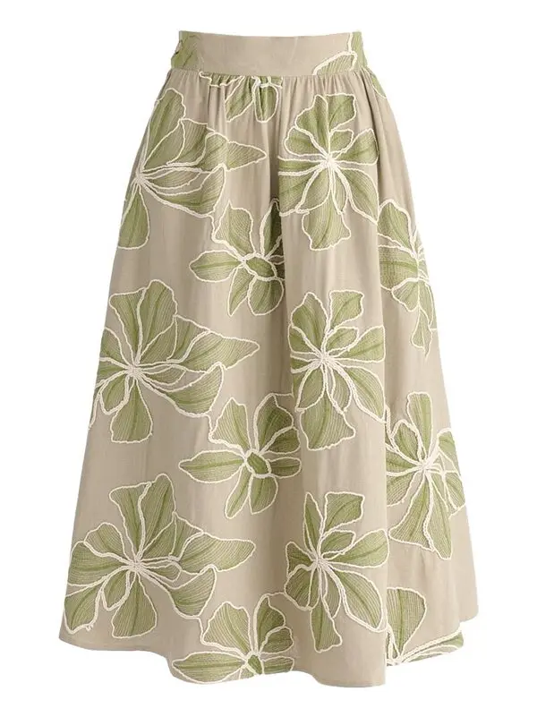 PAISIE Floral Embroidered Midi Skirt - Green