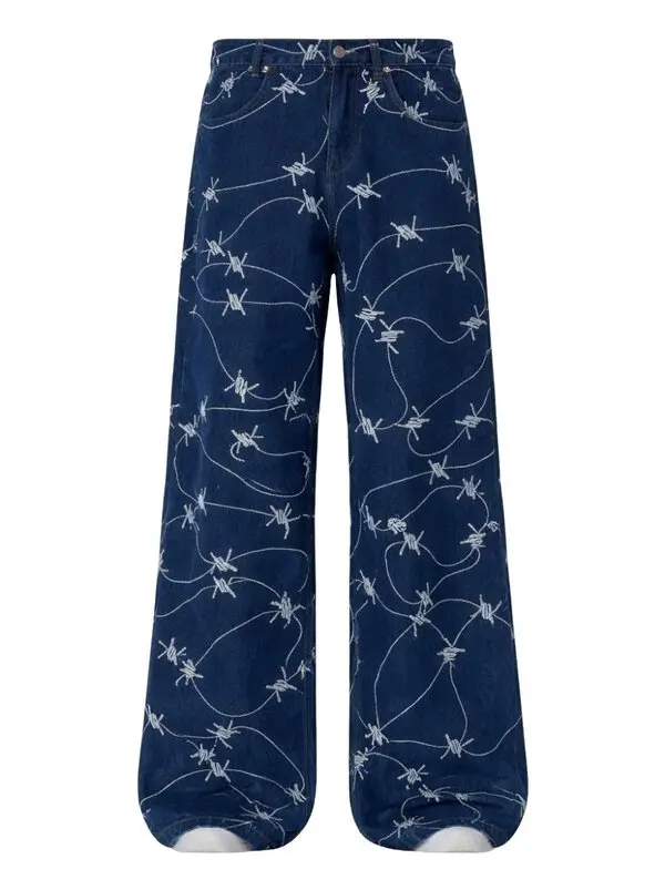 BORN IN EXILE Embroidered Denim Wide Leg Pants - Blue