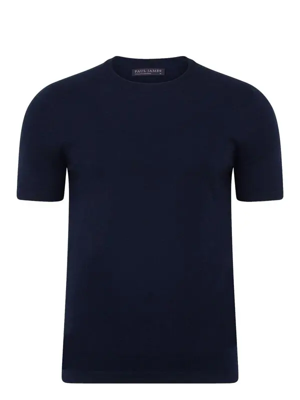 PAUL JAMES KNITWEAR Superfine Merino Wool Illario Knitted T-shirt Navy - Blue