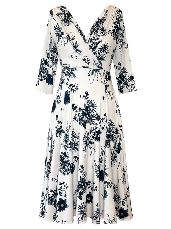 ALIE STREET LONDON Annie Faux Wrap Dress In Oyster Blue Floral Print - Blue/white