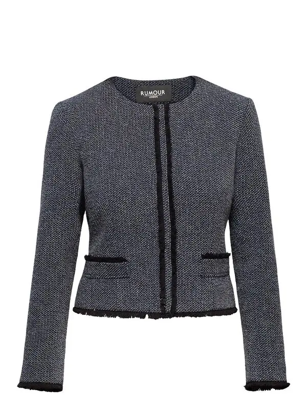 RUMOUR LONDON Eleanor Tweed Jacket With Fringing Detail - Blue
