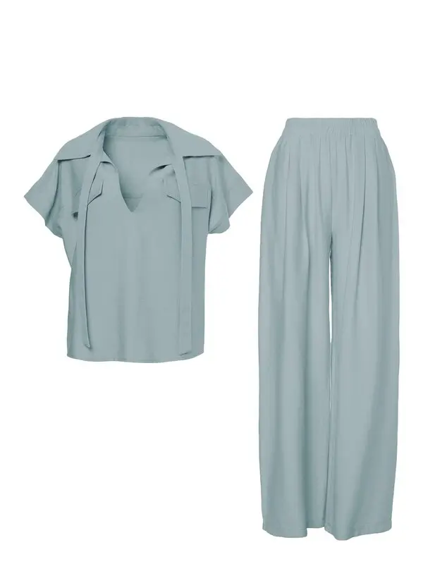 BLUZAT Linen Set With Shirt And Wide Leg Trousers - Blue