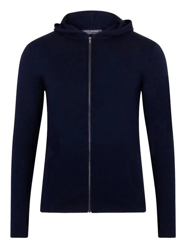 PAUL JAMES KNITWEAR Heavyweight Merino Helios Activewear Hooded Jumper - Blue