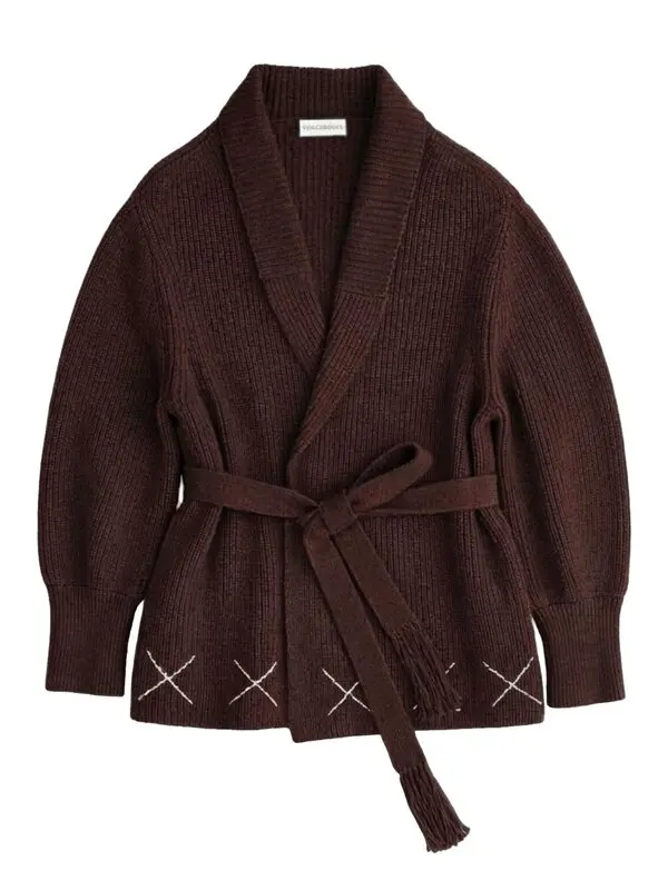REN CORDEZA Hand Embroidered Shawl Collar Knit Cardigan - Brown