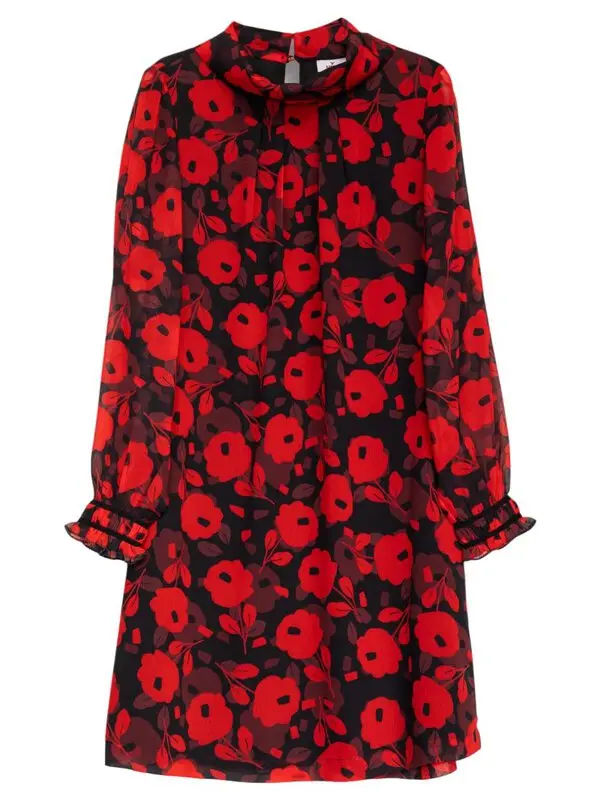 NIZA Short Floral Print Dress With Bow Neckline - Red