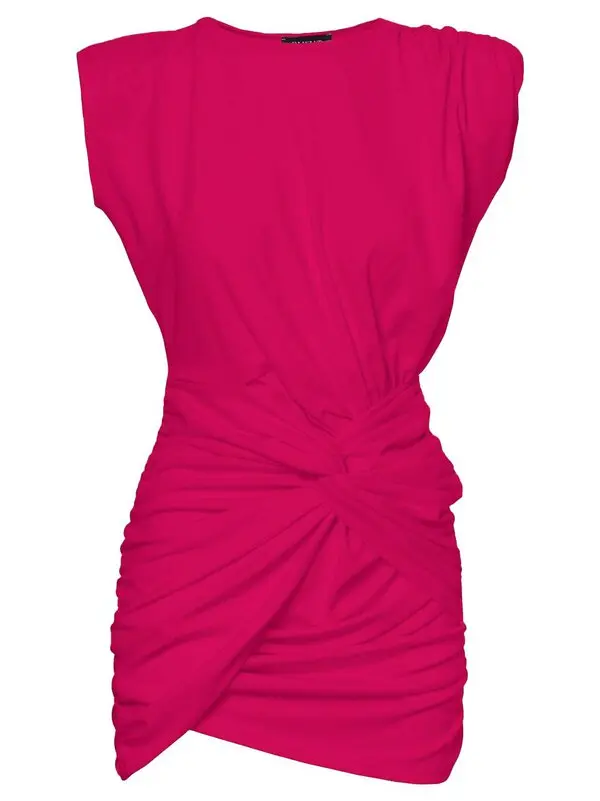 BLUZAT Mini Dress With Draped Shoulder And Pleats - Pink