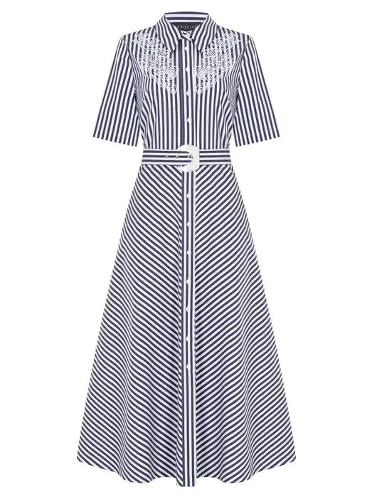 EXQUISE Striped A-line Shirt Dress With Embroidered Details And Belt - Blue