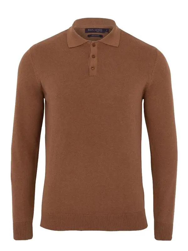 PAUL JAMES KNITWEAR Cotton Hall Long Sleeve Knitted Polo Shirt Camel - Brown