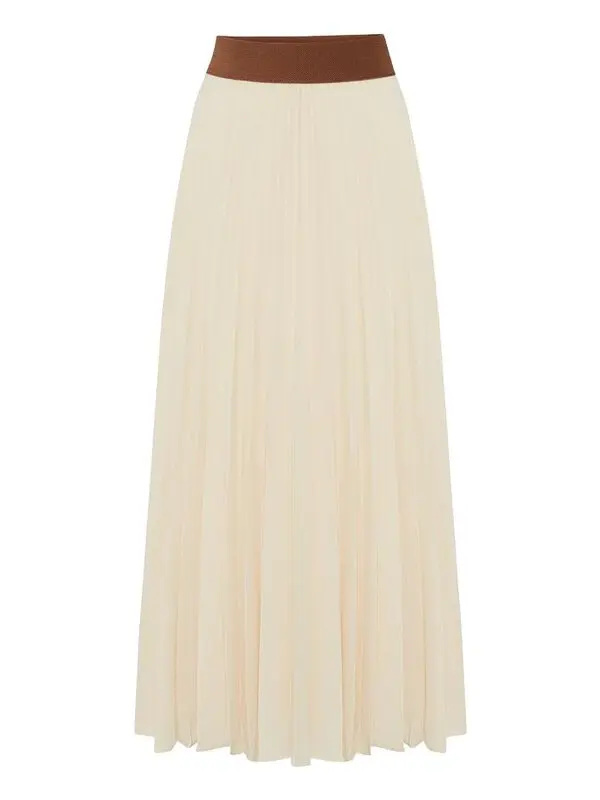 EXQUISE Elastic Waist Pleated Midi Skirt - Beige