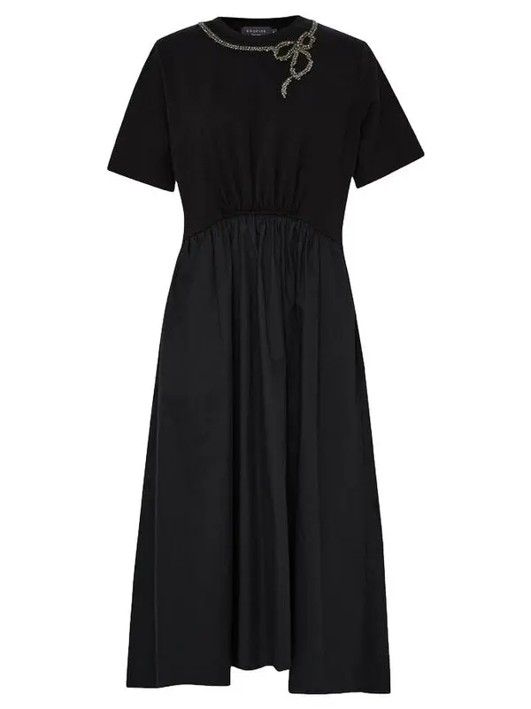 EXQUISE Regular Embroidered Collar Cotton Midi Dress - Black