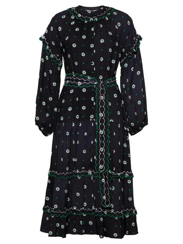 ROSE & NANCY Joyce Black Daisy Polka Dot Midi Shirt Dress - Green/black