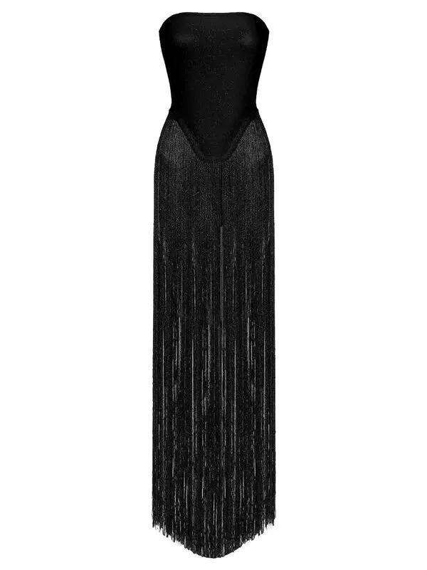DECOLET THE LABEL Strapless Fringe Bodysuit Dress - Black