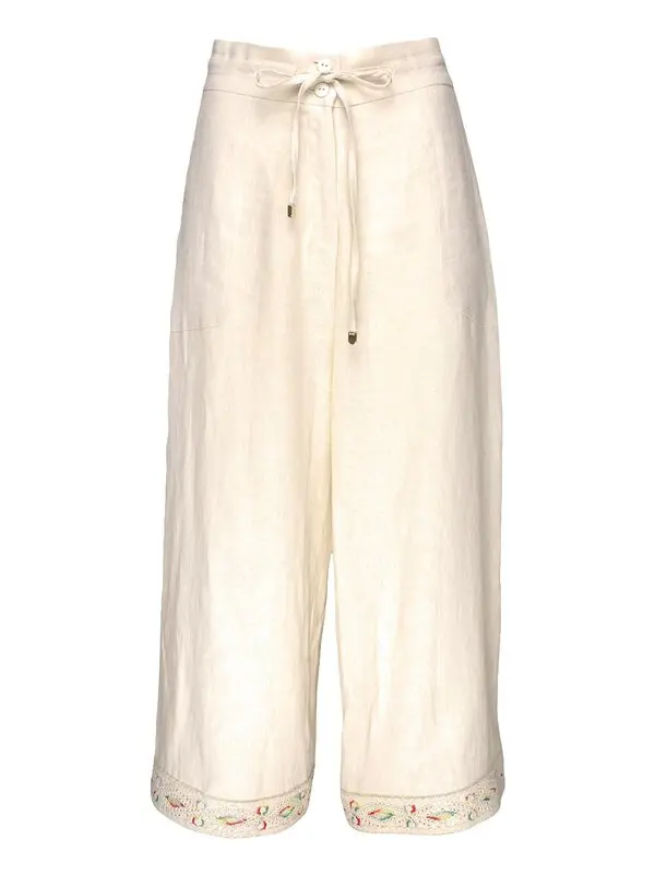 LALIPOP DESIGN Cropped Linen Pants With Sequin-embellished Hem - Beige