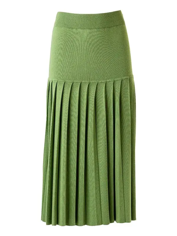 ZENZEE Silk Cashmere Pleated Midi Skirt - Green