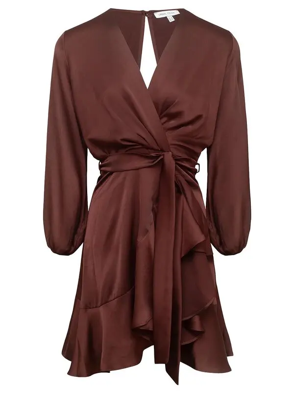 URBAN TOUCH Long Sleeve Wrap Front Mini Dress - Brown