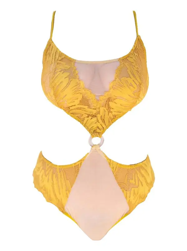CAROL COELHO Sun Coral Lace & Stretch Tulle Bodysuit With Mother Of Pearl Ring - Orange