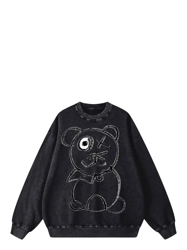 X ILONA BLUE Graffiti Teddy Bear Cotton Crewneck - Black/white