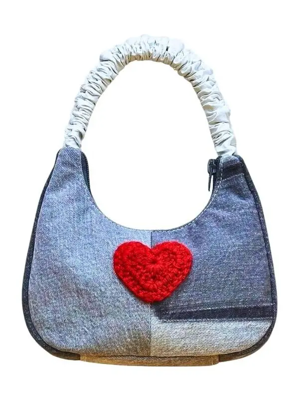 COUTURE TO YOUR DOOR Upcycled Denim Mini Baguette Bag With Crochet Heart Detail - Grey/red/white