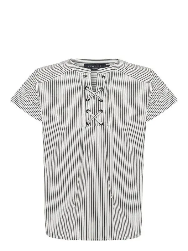 EXQUISE Striped Eyelet Lace-up Blouse - White